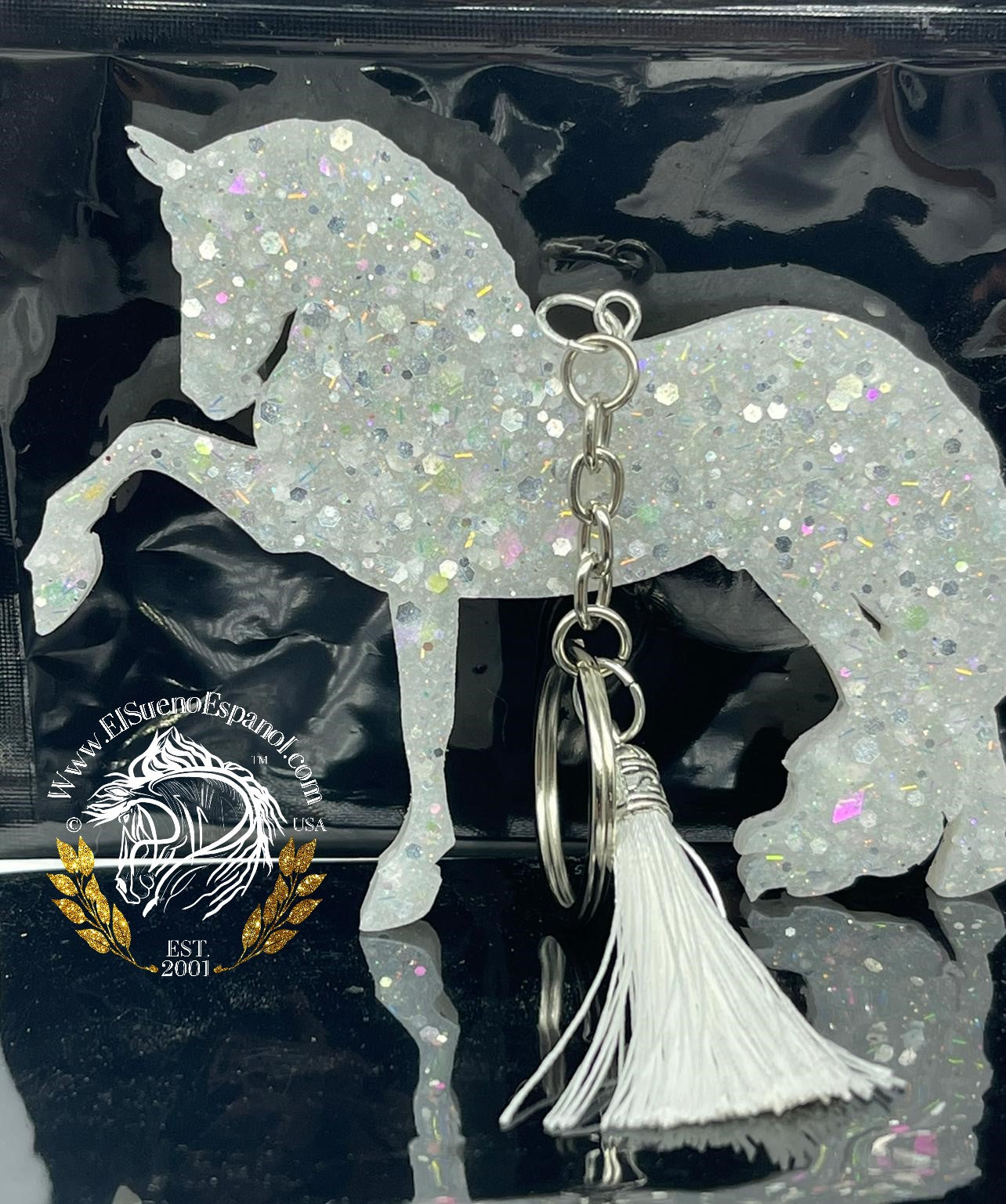 Friesian White Unicorn | Sparkle Glitter Confetti Horse Keychain – El ...